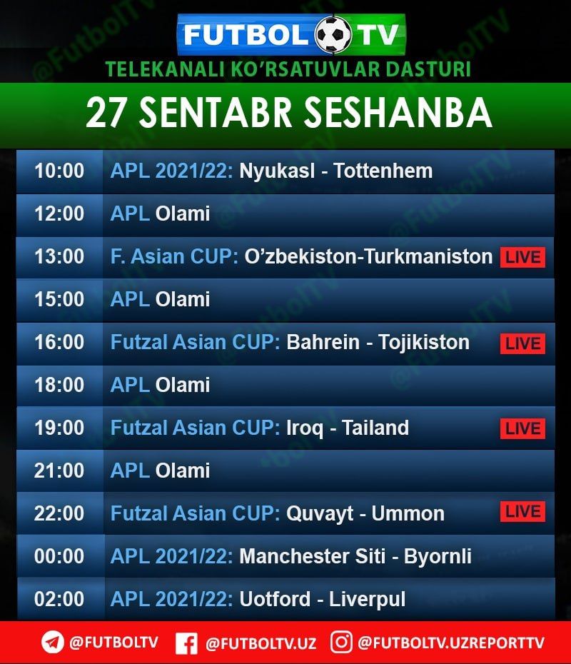 Futbol TV telekanalining 27 sentyabr kungi ko'rsatuvlar dasturi. Bugun 4 ta jonli efir bor